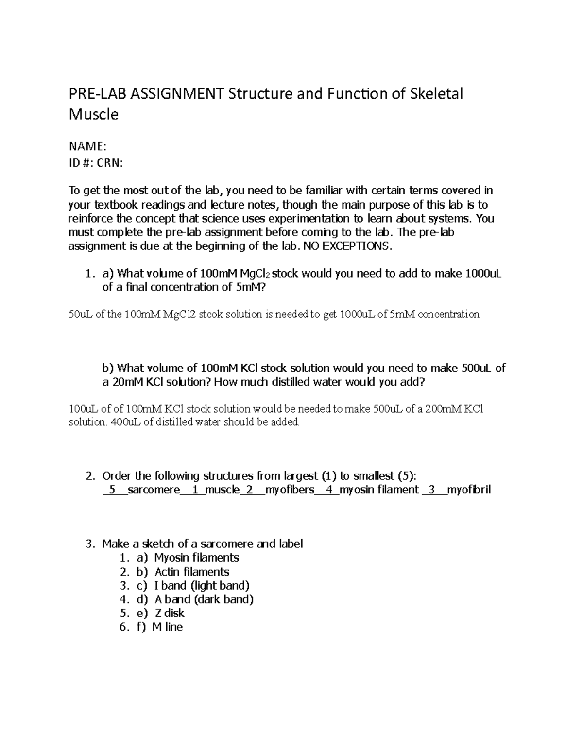 PRE-lab 3 - PRE-LAB ASSIGNMENT Structure and Function of Skeletal ...