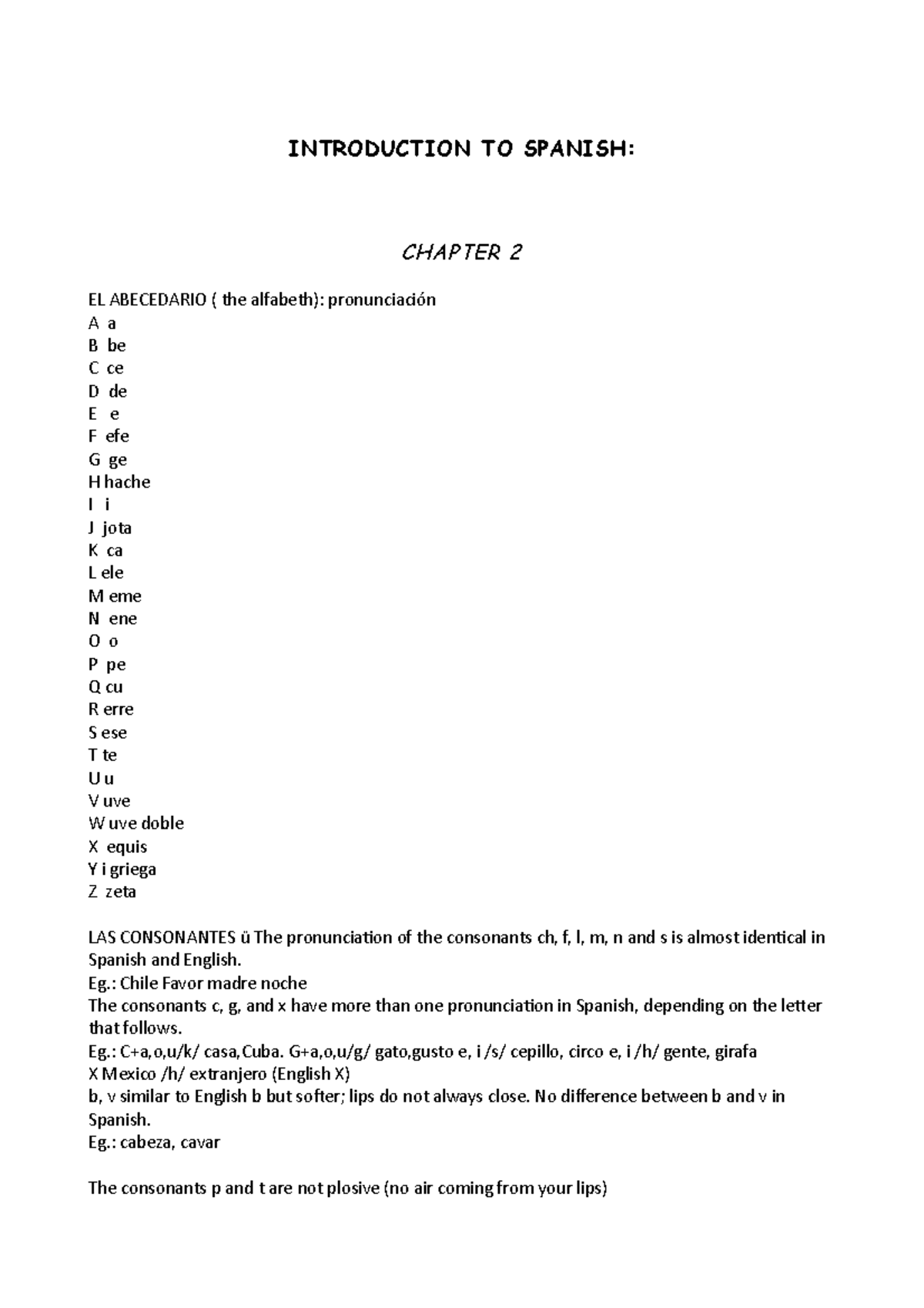 Introduction to Spanish- chapter 2 - INTRODUCTION TO SPANISH: CHAPTER 2 ...