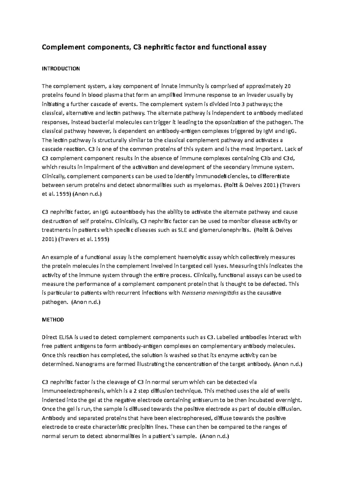 Complement components, C3 nephritic factor and functional assay ...