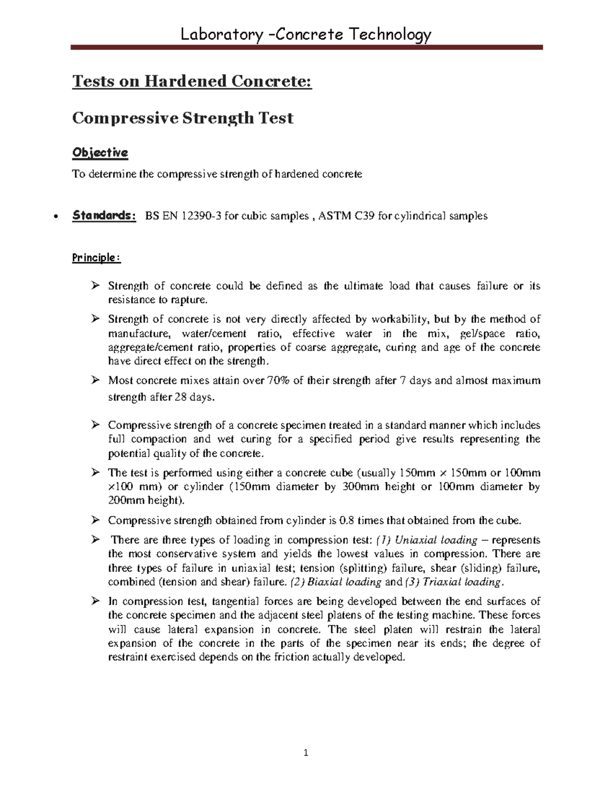 Compressive Strength Test - Laboratory – Concrete Technology 1 Tests on ...
