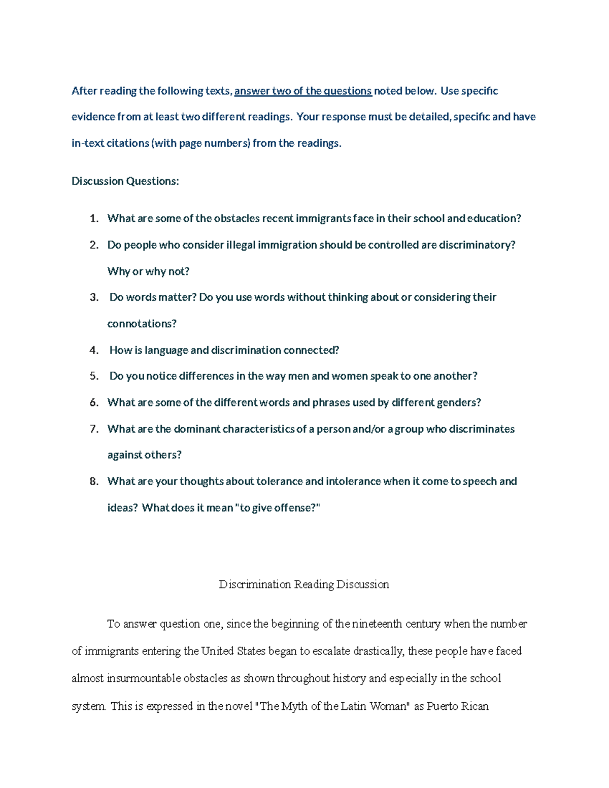 Discrimination Reading Discussion - After reading the following texts ...