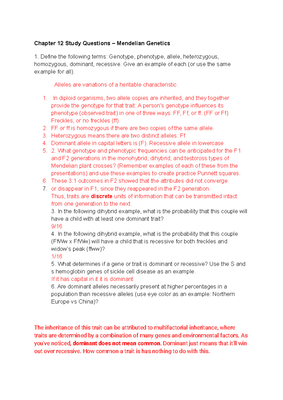 Chapter 12 Study Questions – Mendelian Genetics - Chapter 12 Study ...