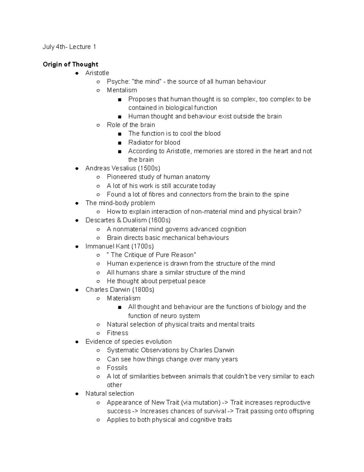 Lecture 1 - Brain and Behavior Ch1 - July 4th- Lecture 1 Origin of Thought Aristotle Psyche ...