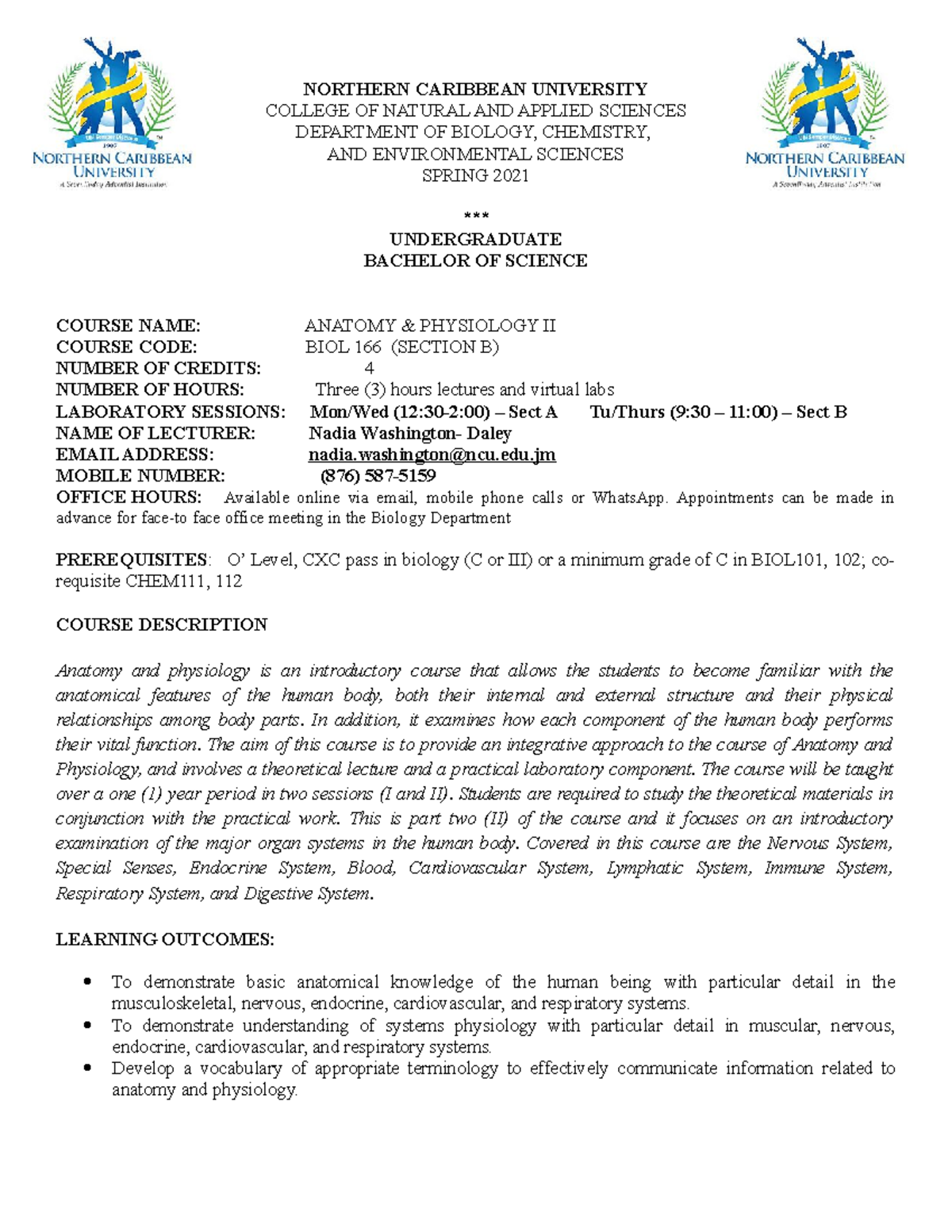 BIOL166 A Course Outline - NORTHERN CARIBBEAN UNIVERSITY COLLEGE OF ...