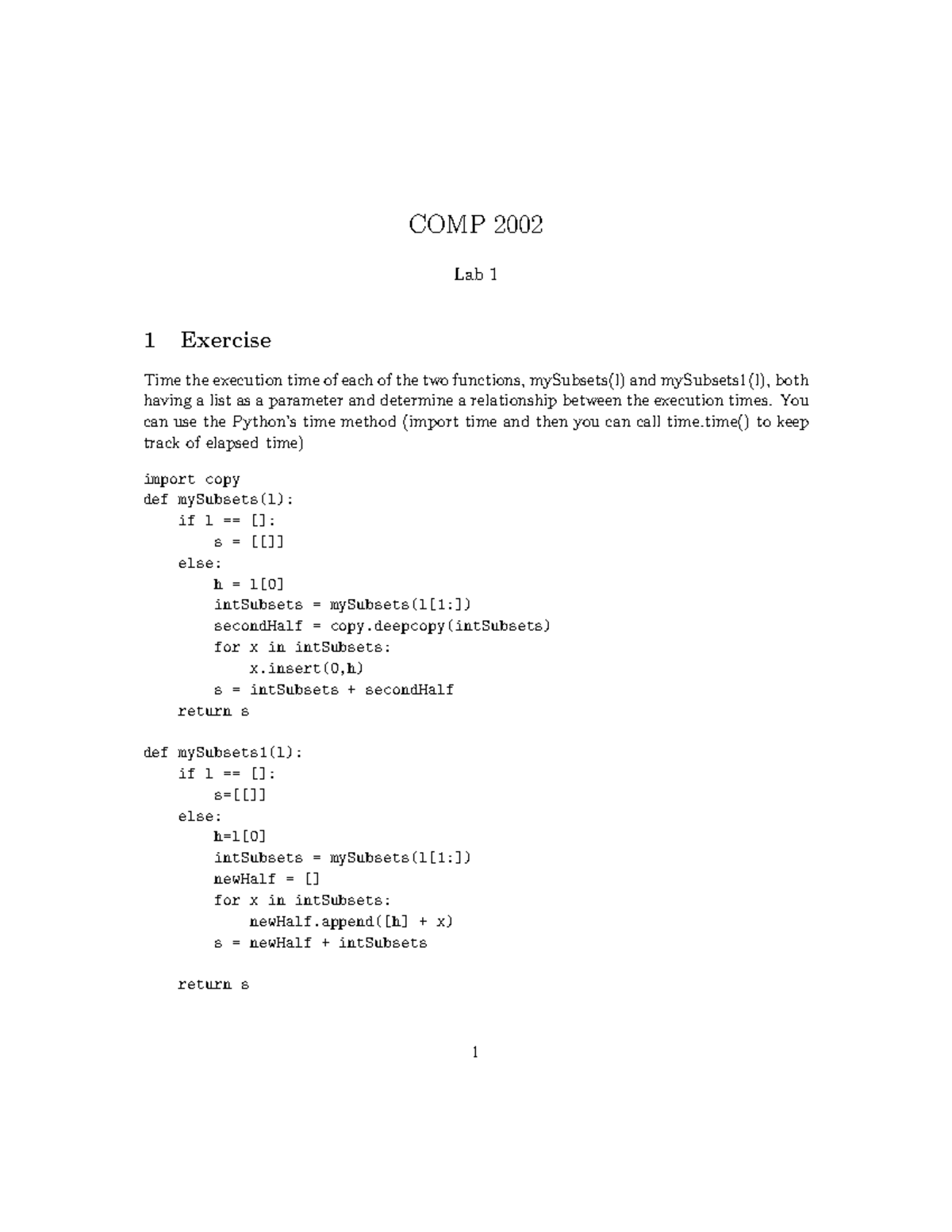 Lab1 - Professor: Matamontero - COMP 2002 Lab 1 1 Exercise Time the ...