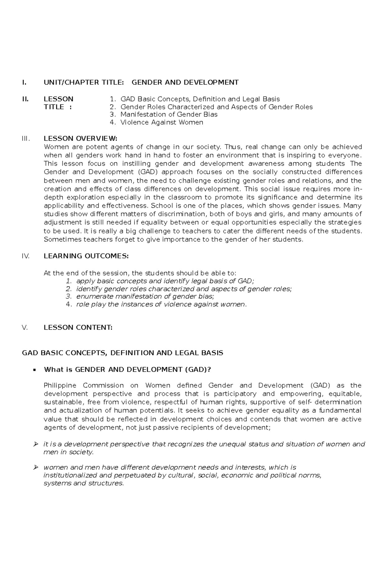 Module-6 - for your reference - I. UNIT/CHAPTER TITLE: GENDER AND ...