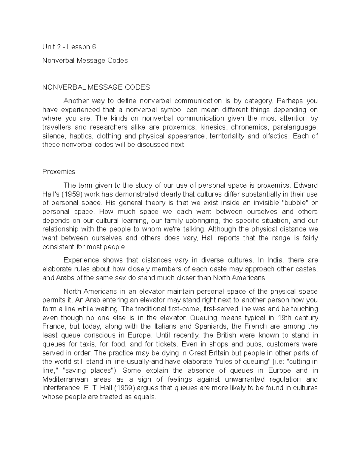 Nonverbal Message Codes - Unit 2 - Lesson 6 Nonverbal Message Codes ...
