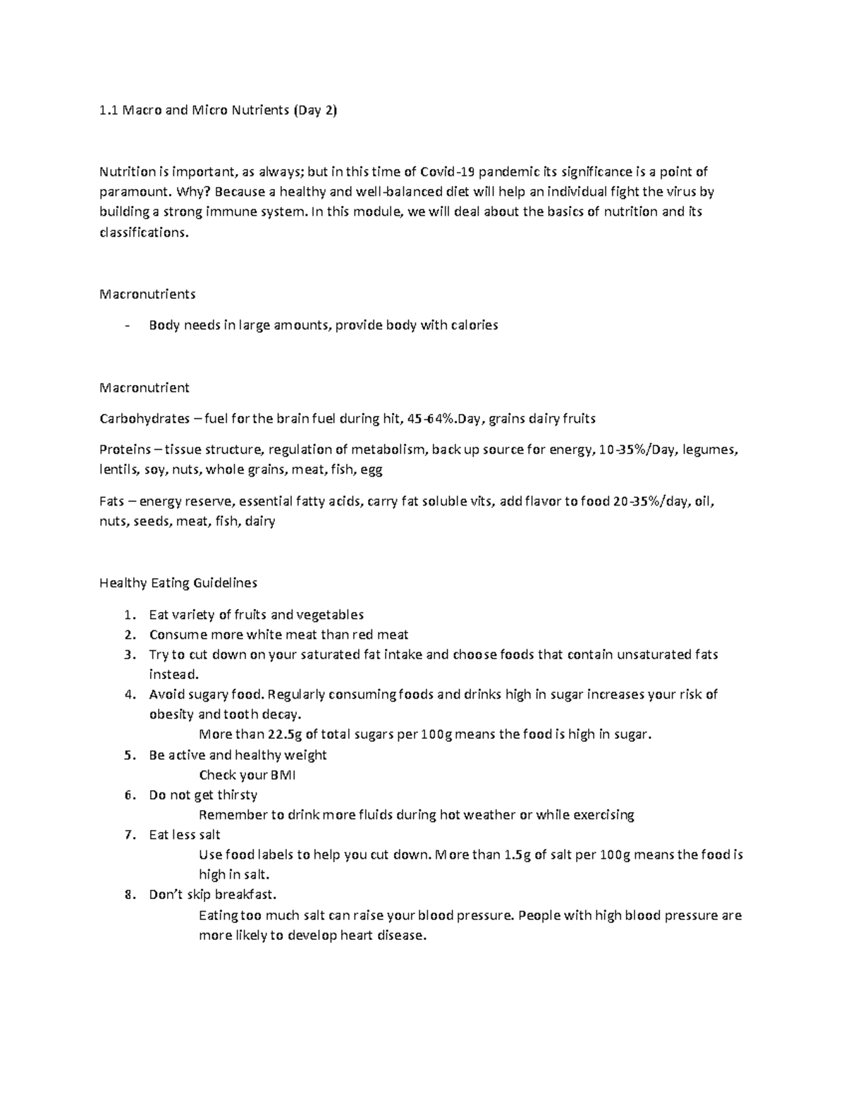 Preliminary Notes - 1 Macro and Micro Nutrients (Day 2) Nutrition is ...