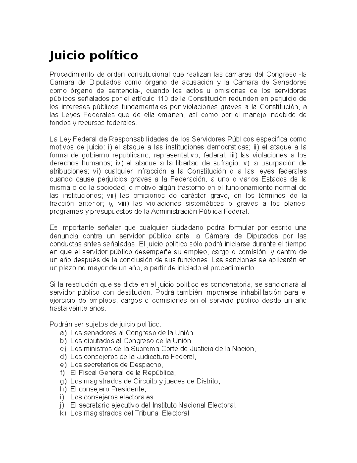 JUICIO POLÍTICO - Juicio político Procedimiento de orden constitucional ...