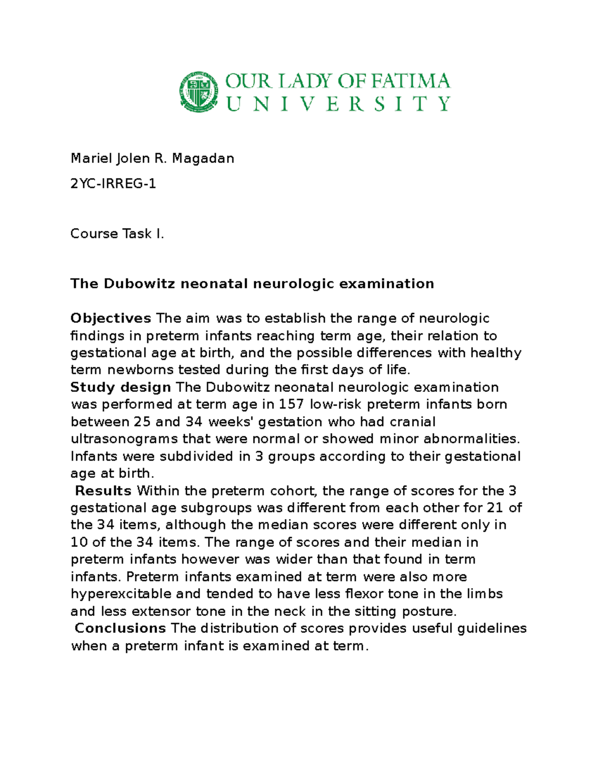 219 Coursetask 1- The Dubowitz neonatal neurologic examination - Mariel ...