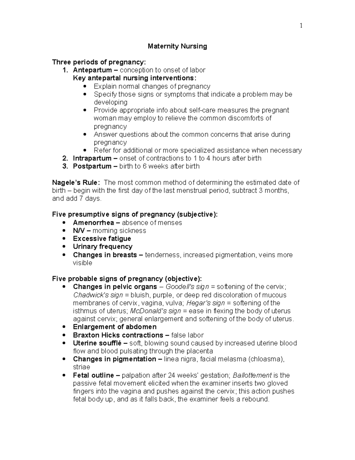 Maternity Nursing - Notes from lecture - Maternity Nursing Three ...