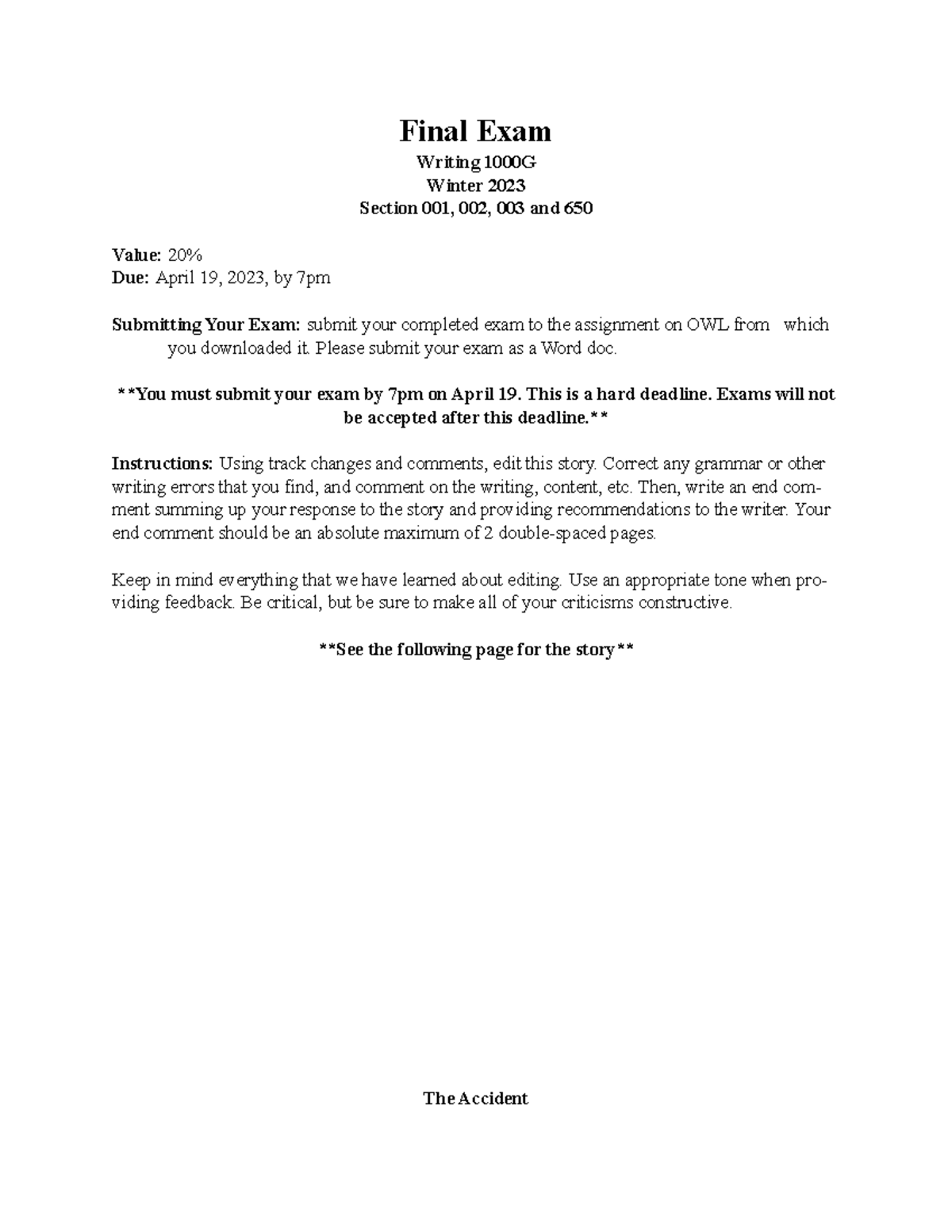 Writing 1000 final exam - Final Exam Writing 1000G Winter 2023 Section ...