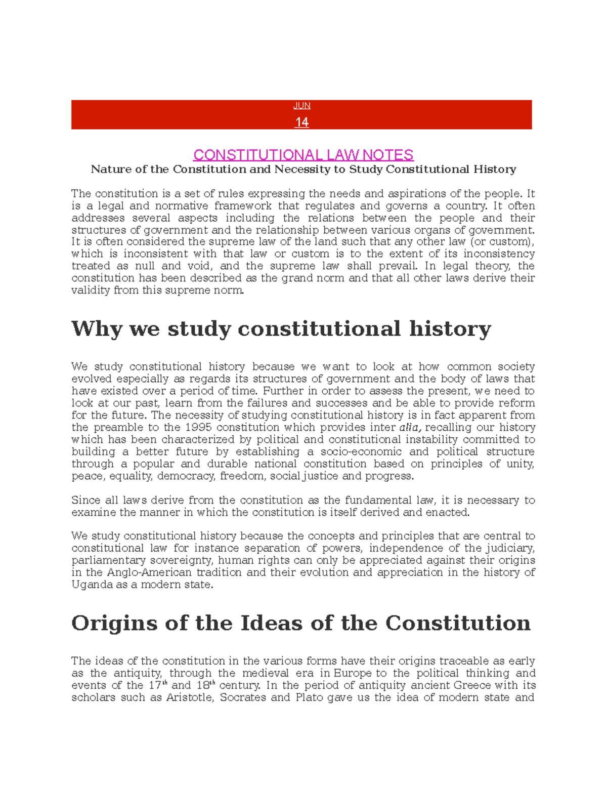 Ayebare Junior Constitutional Notes - JUN 14 CONSTITUTIONAL LAW NOTES ...