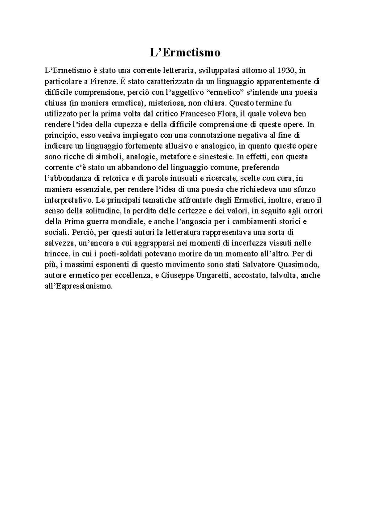 L’Ermetismo - Ermetismo appunti - L’Ermetismo L’Ermetismo è stato una ...