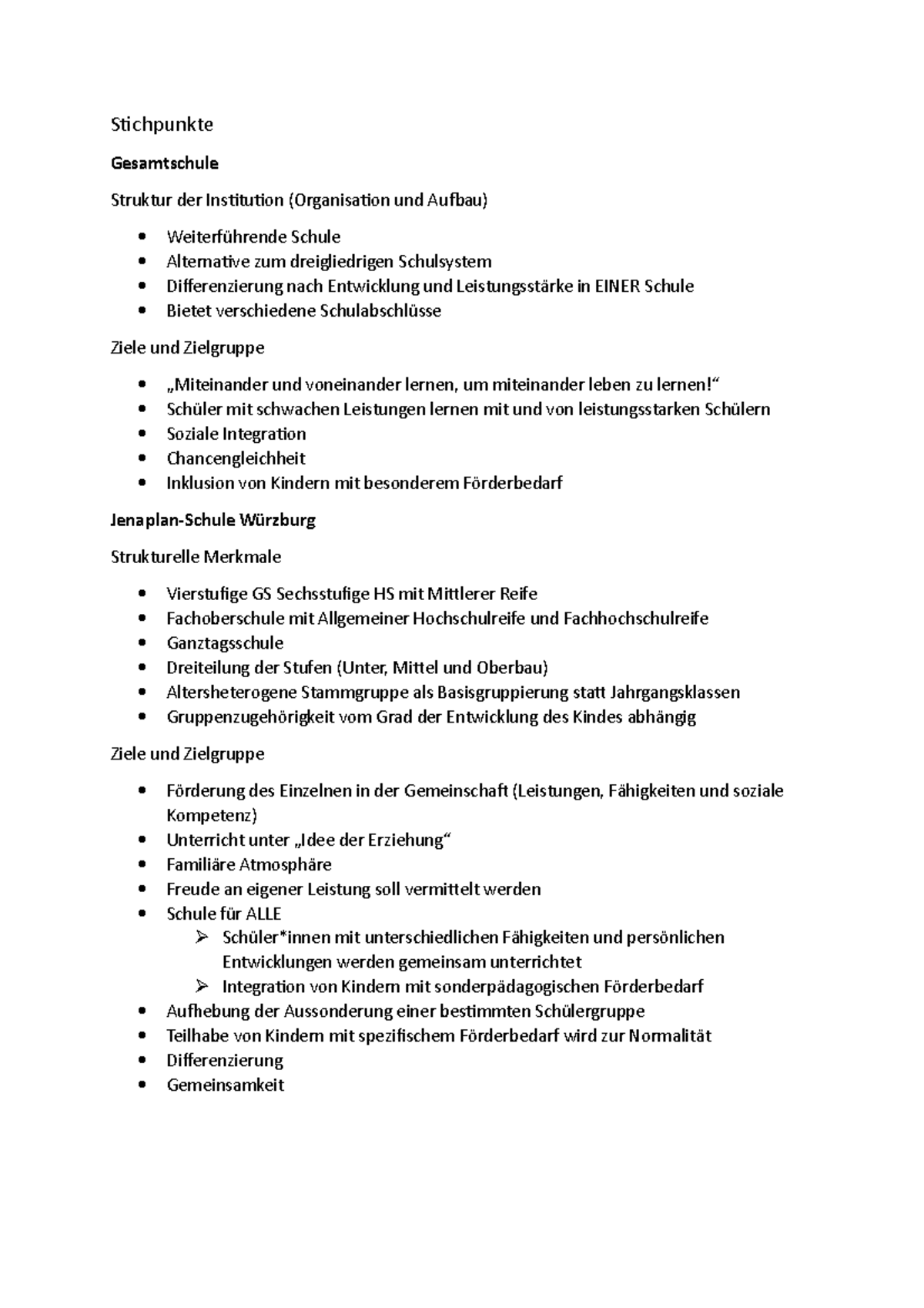 Stichpunkte - Stichpunkte Gesamtschule Struktur der Institution ...