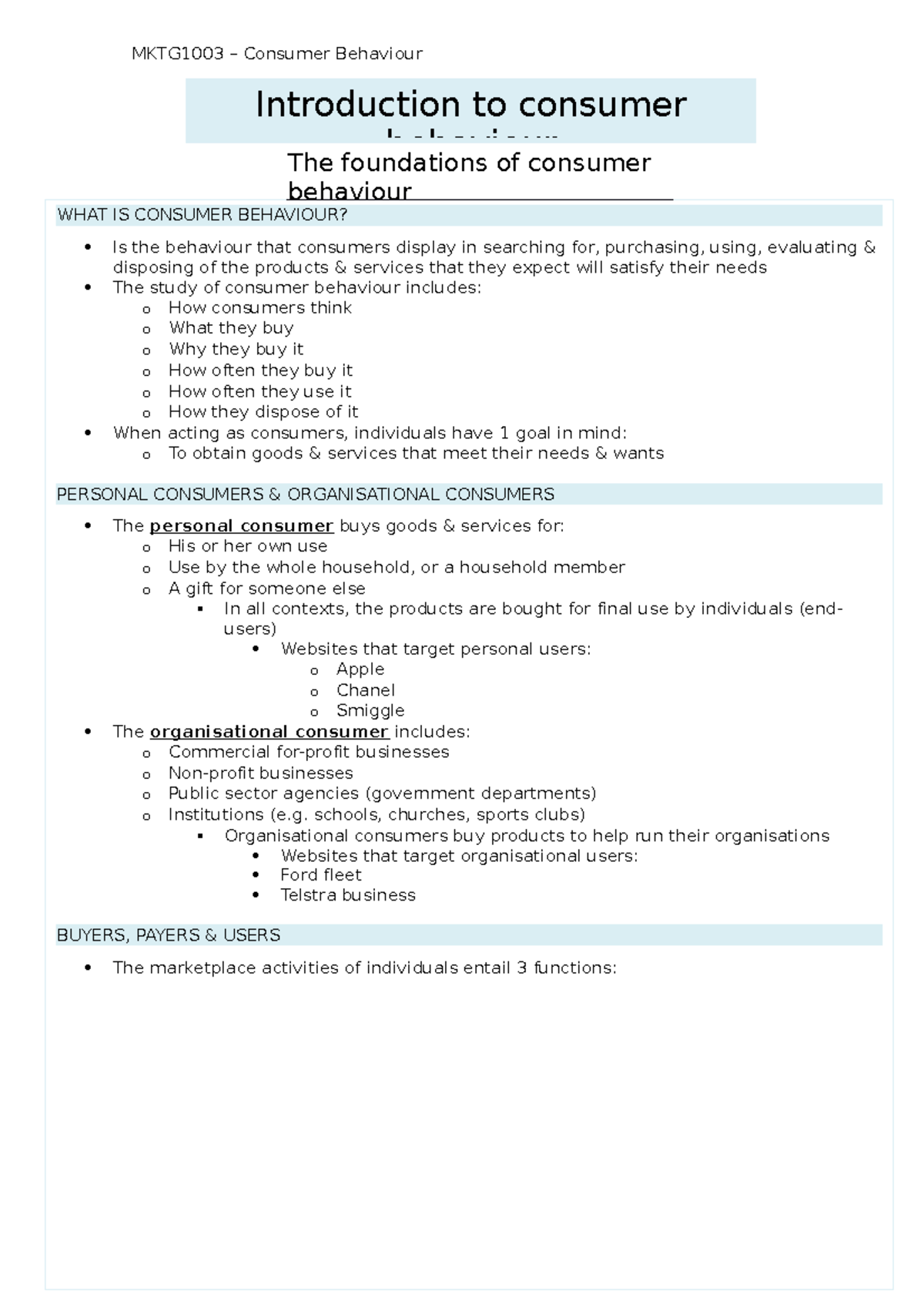 MKTG1003 - Lecture 1 - The foundations of consumer behaviour ...