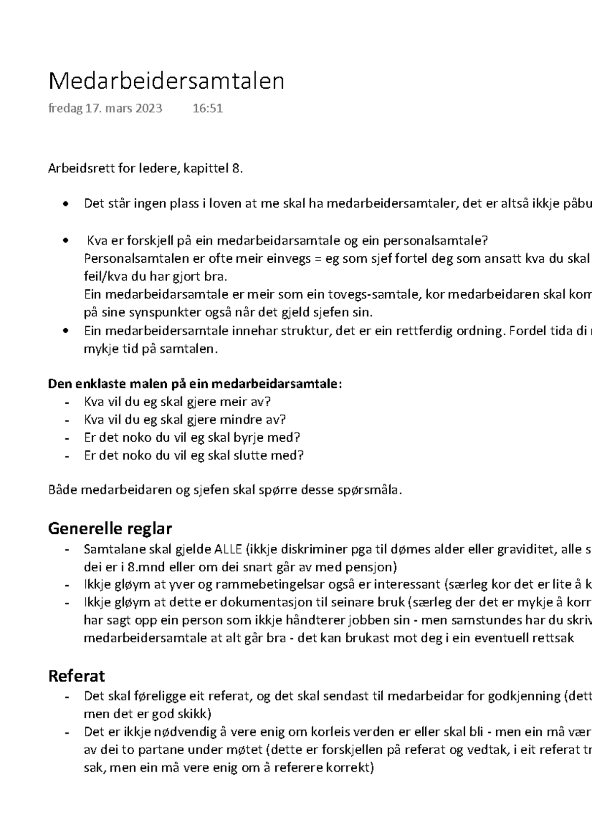 Medarbeidersamtalen - Notater fra forelesing. SUPER til eksamen! - Arbeidsrett for ledere ...