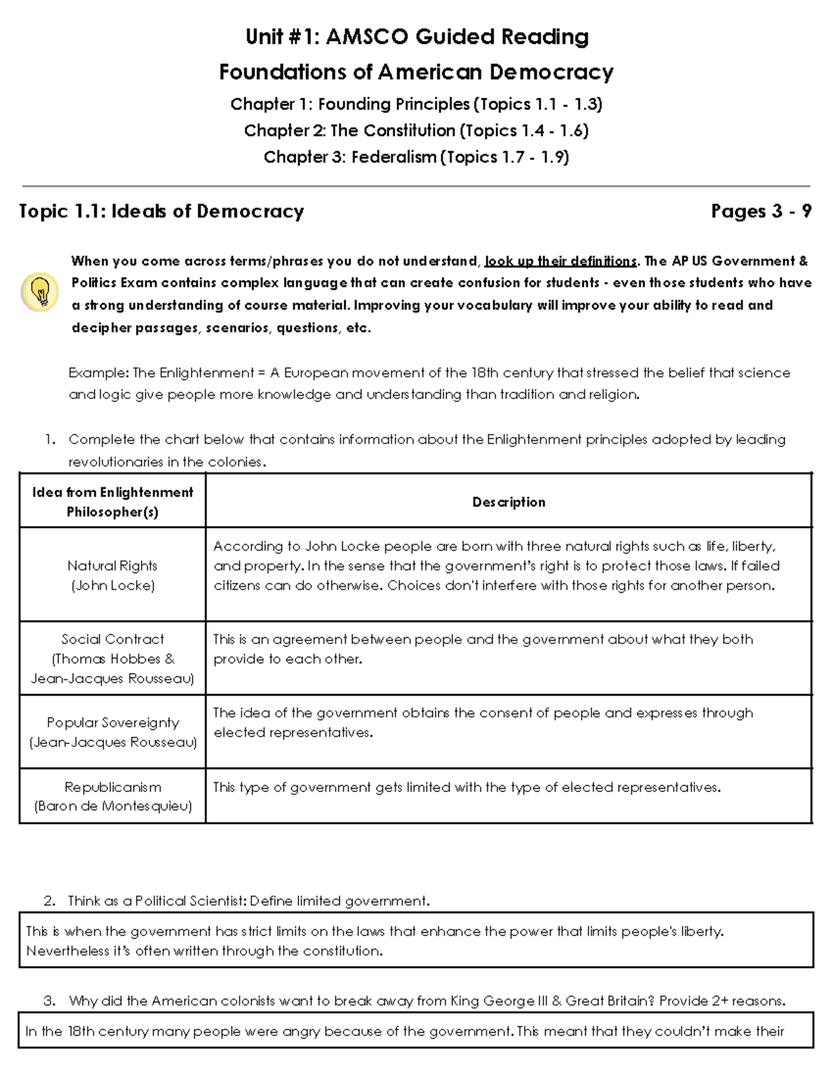 Unit 1 Amsco Reading Guide Unit 1 Amsco Guided Reading Foundations Of American Democracy