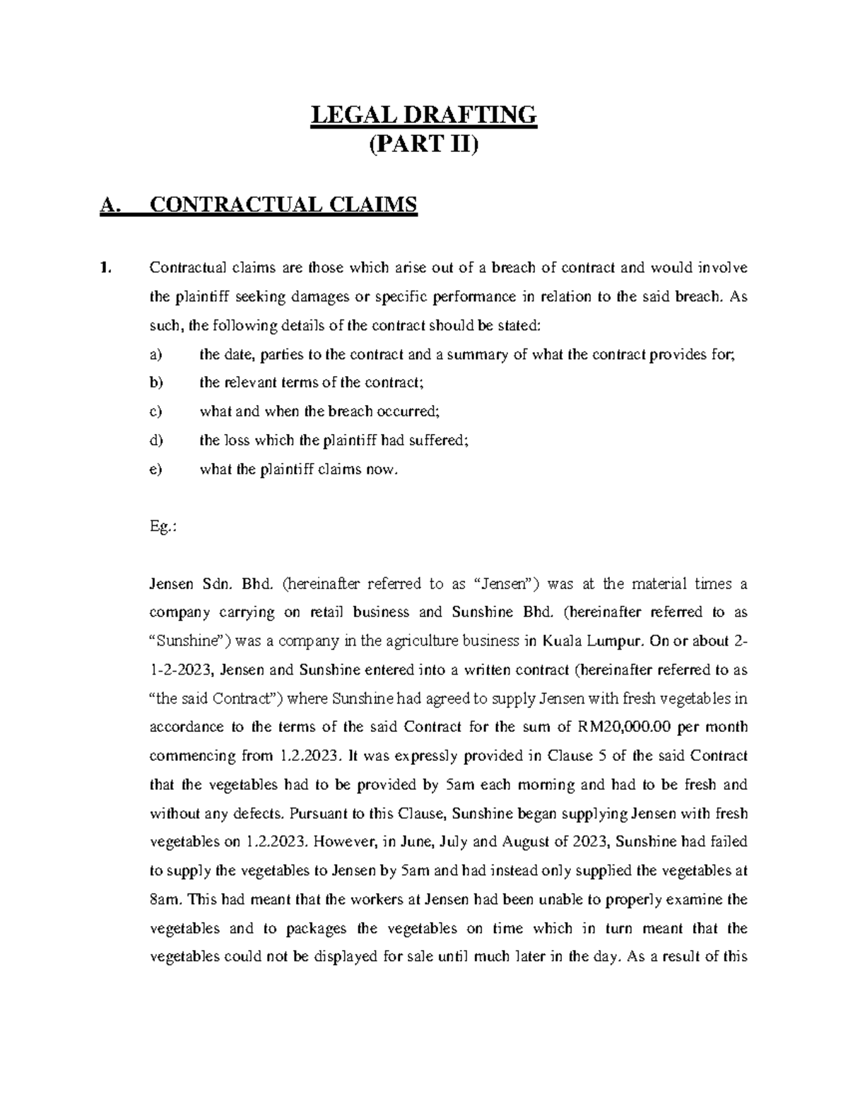 Notes on Drafting of Statement of Claim (Contractual) - LEGAL DRAFTING ...