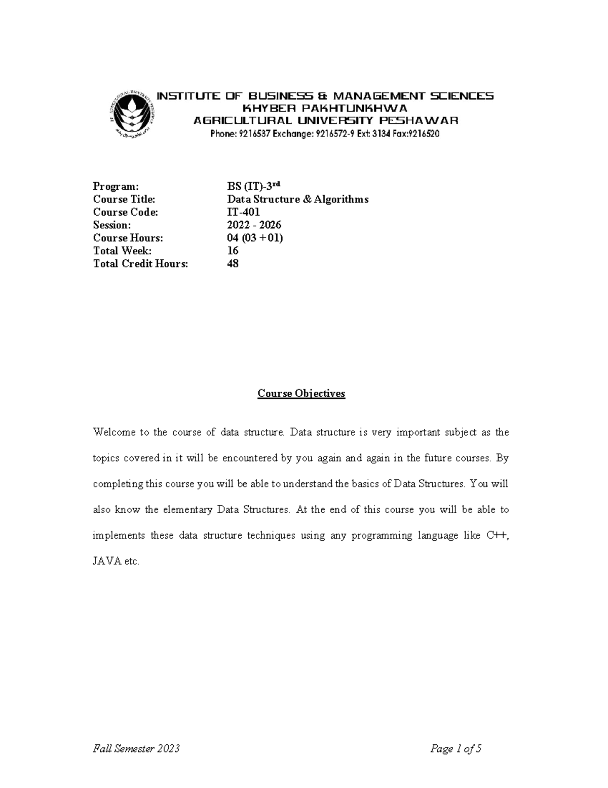 Course Outline Data Structure Algorithms Fall 2023 Bs It 3rd Program Bs It 3rd Course Title