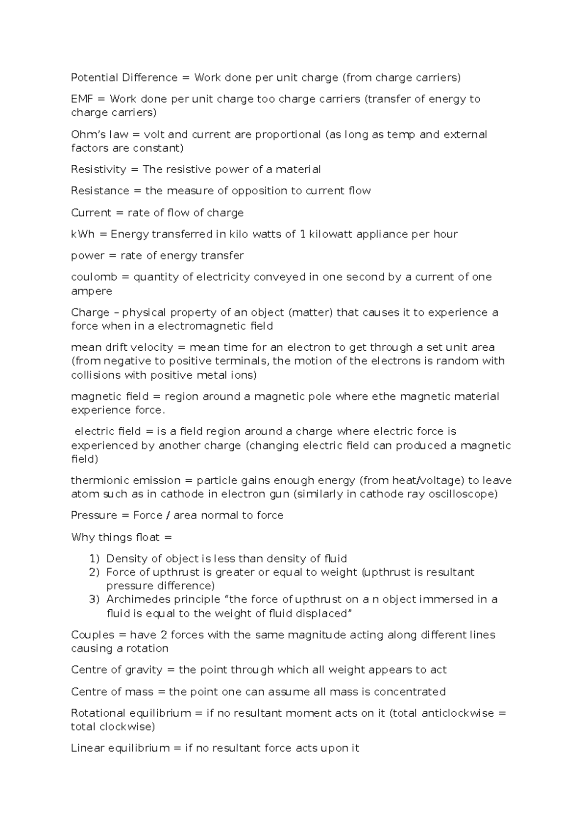 Physics terms - Potential Difference = Work done per unit charge (from ...