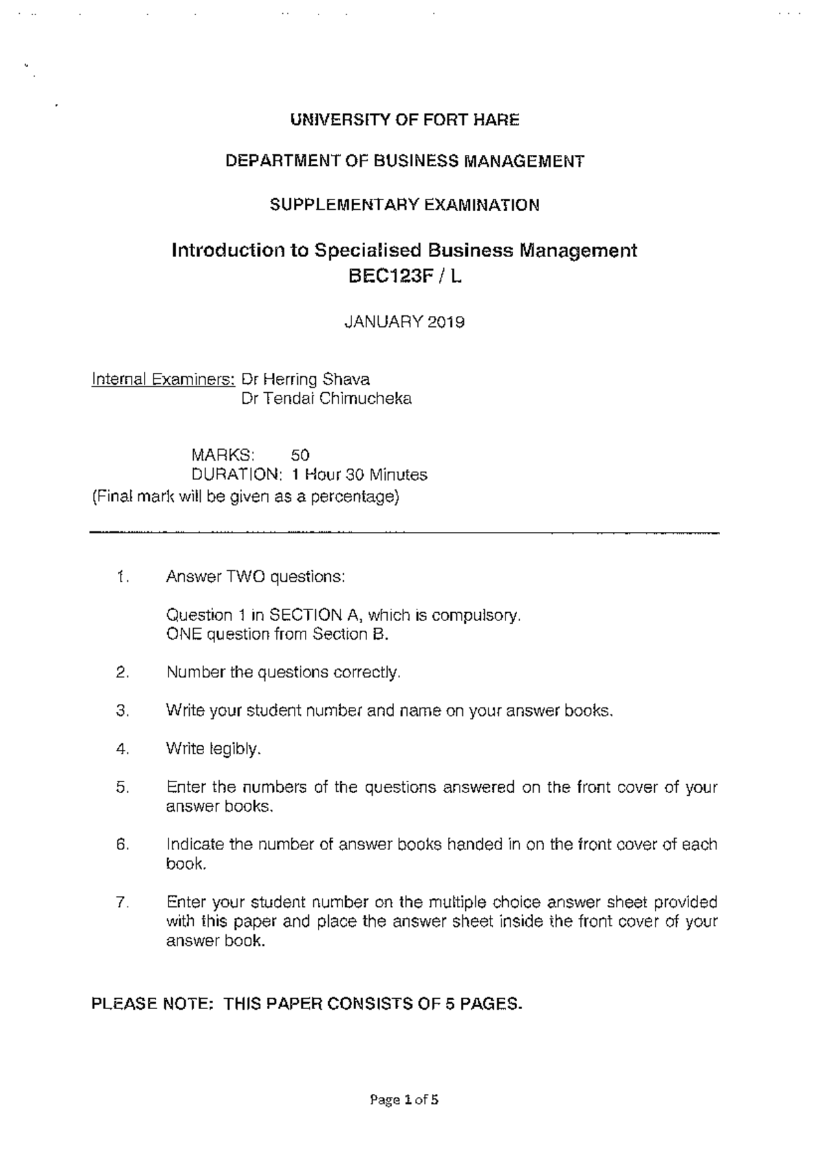 BEC123F - Previous question paper - BEC123L - UFH - Studocu