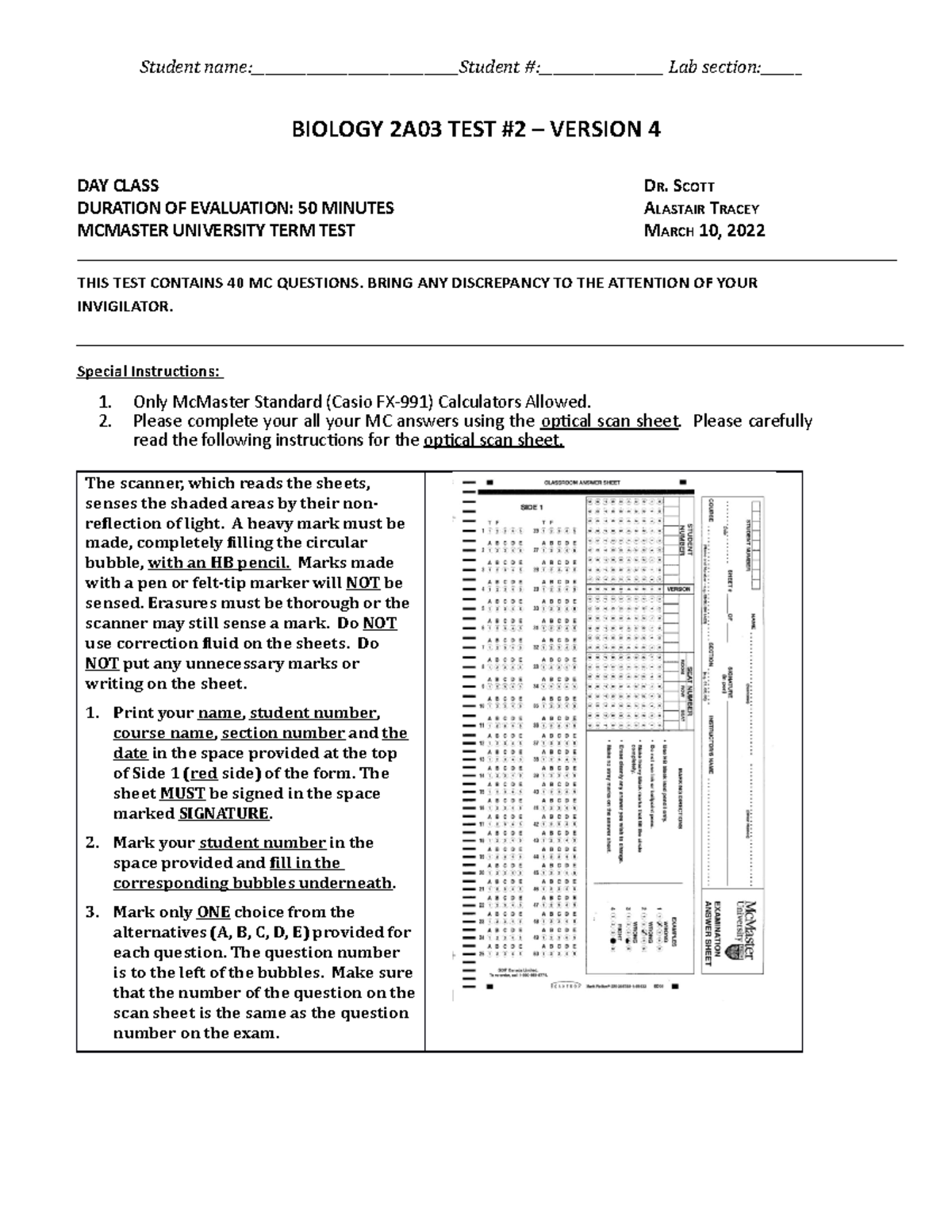 W22 Bio 2A03 test 2 version 4 with answers - BIOLOGY 2A03 TEST #2 ...