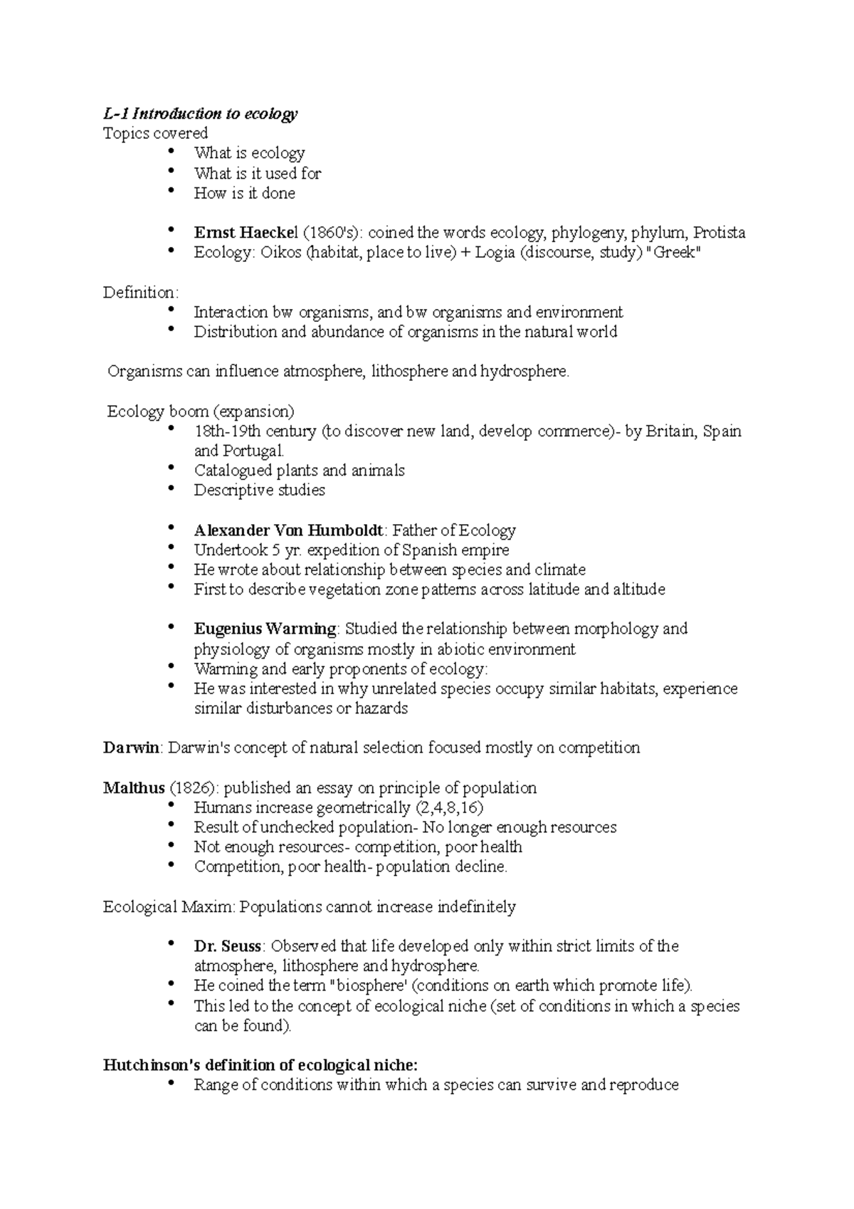 Lecture 1 - BIOL2410 - L-1 Introduction to ecology Topics covered What ...