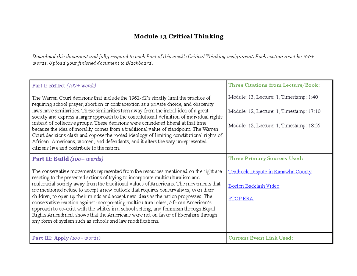 Practice 16690099858511843645305070210392 - Module 13 Critical Thinking ...