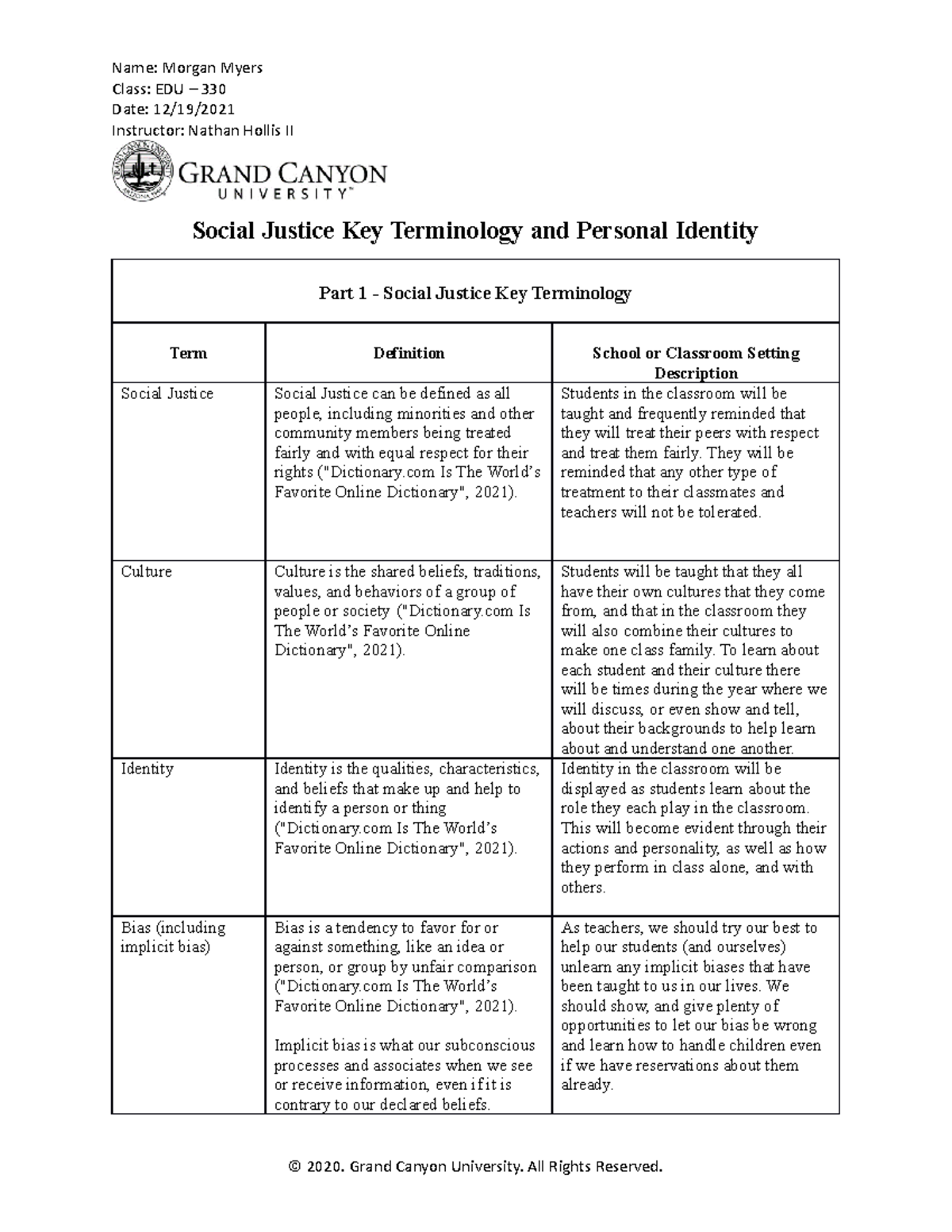 EDU-330-Assignment 1 - social justice key terminology - Class: EDU ...