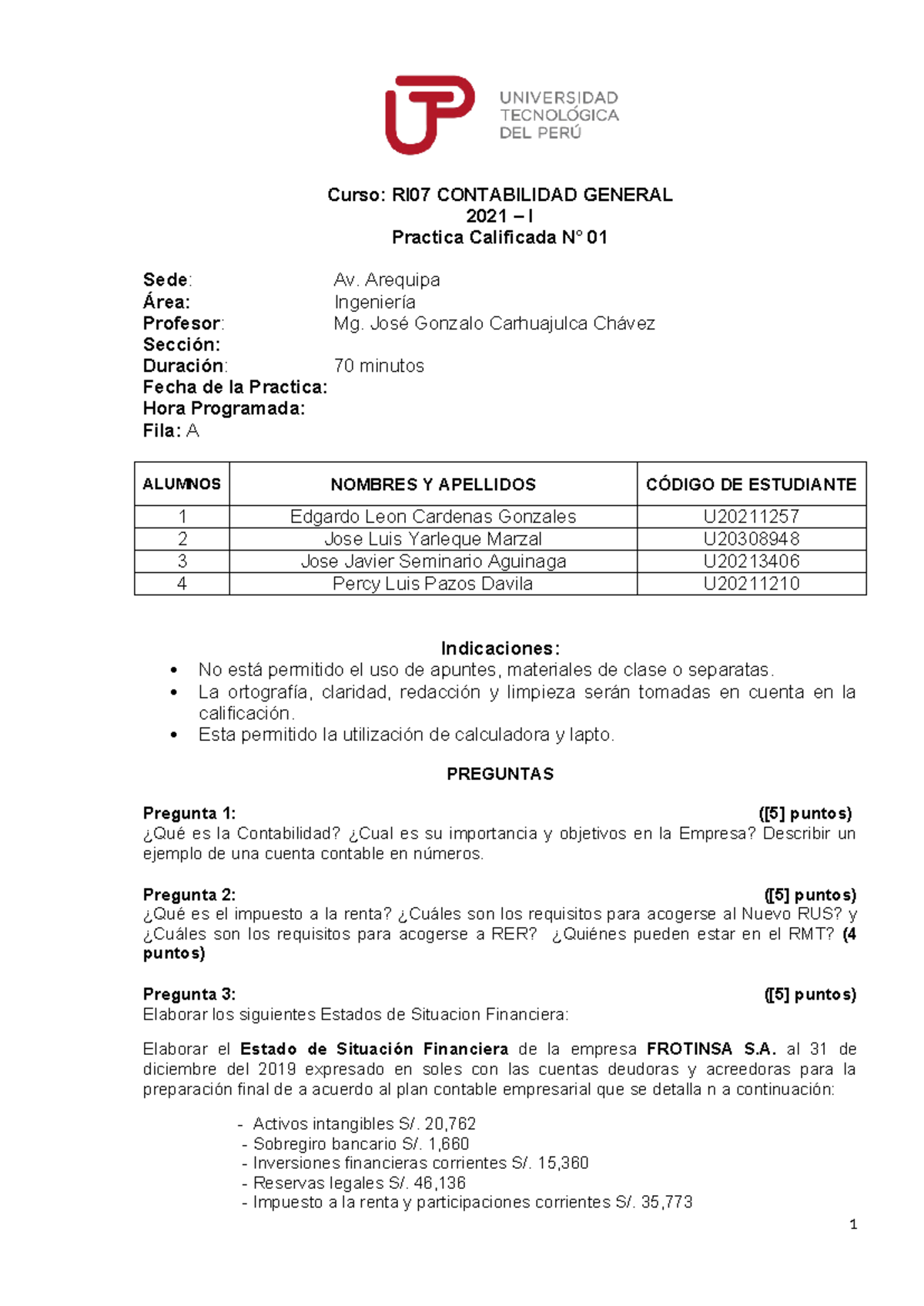 PC1 Contabilidad General - Curso: RI07 CONTABILIDAD GENERAL 2021 – I ...