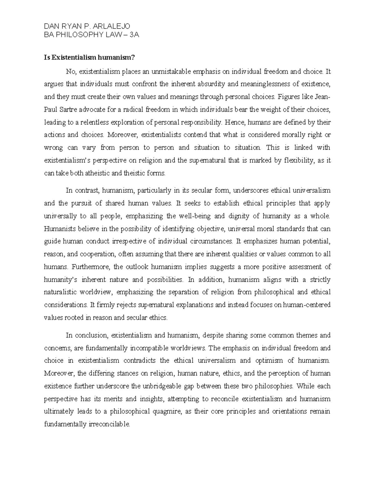 Is Existentialism humanism? - DAN RYAN P. ARLALEJO BA PHILOSOPHY LAW ...