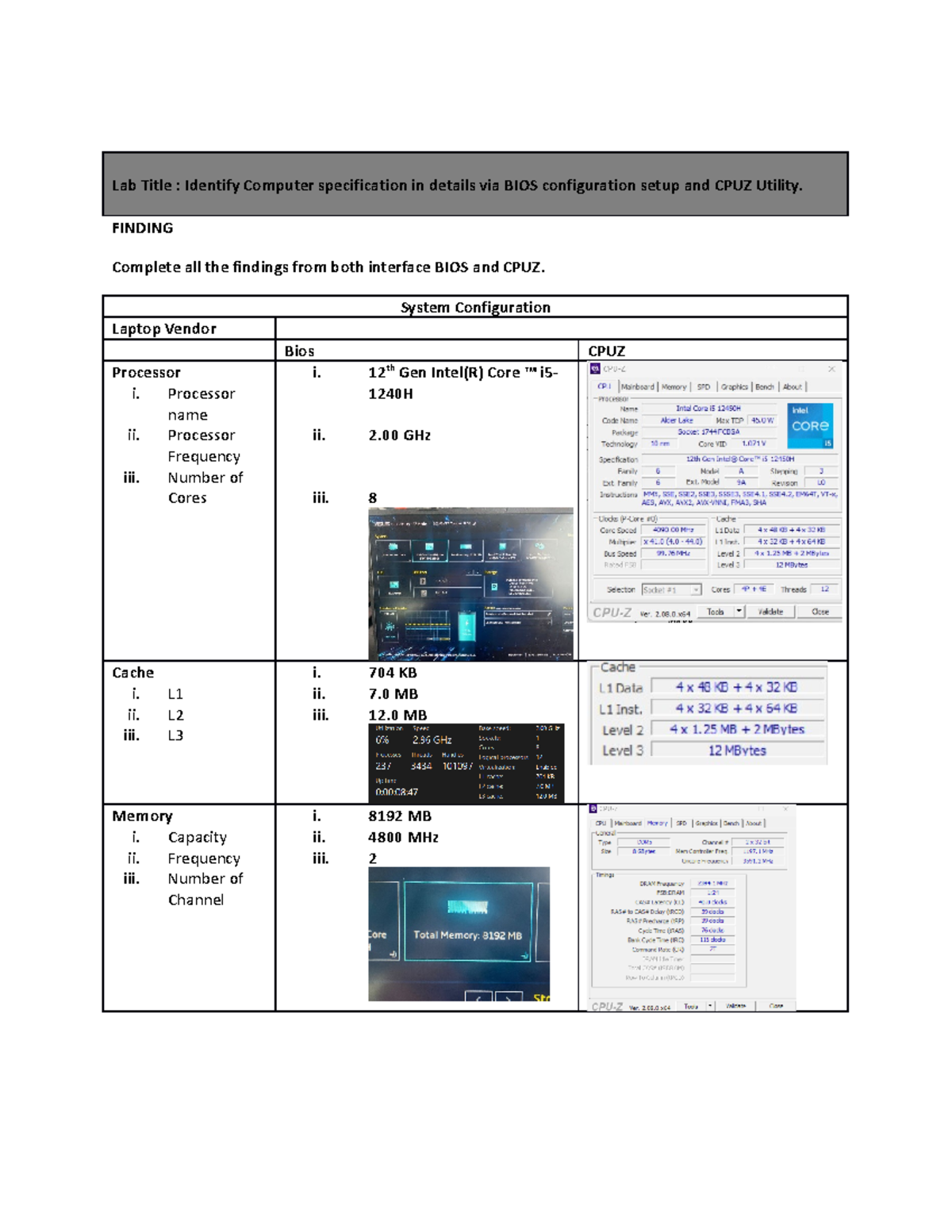 Lab 1 Title Identify Computer specification in details (BIOS and CPUZ ...