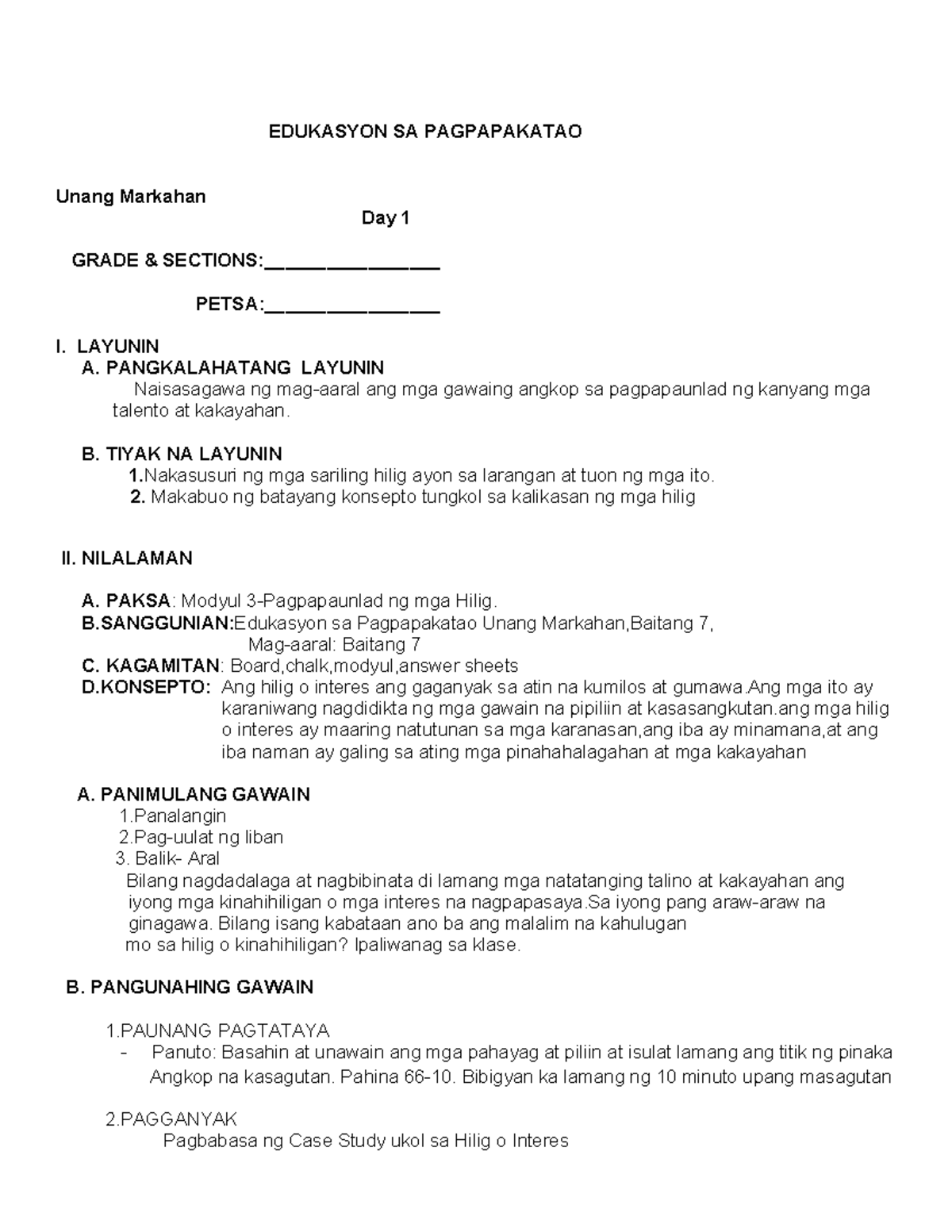 LP for Grade 7 prototype - EDUKASYON SA PAGPAPAKATAO Unang Markahan Day ...