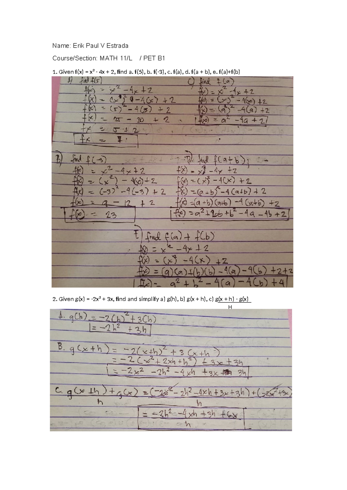 Answer Sheet For Math 11L - Name: Erik Paul V Estrada Course/Section ...
