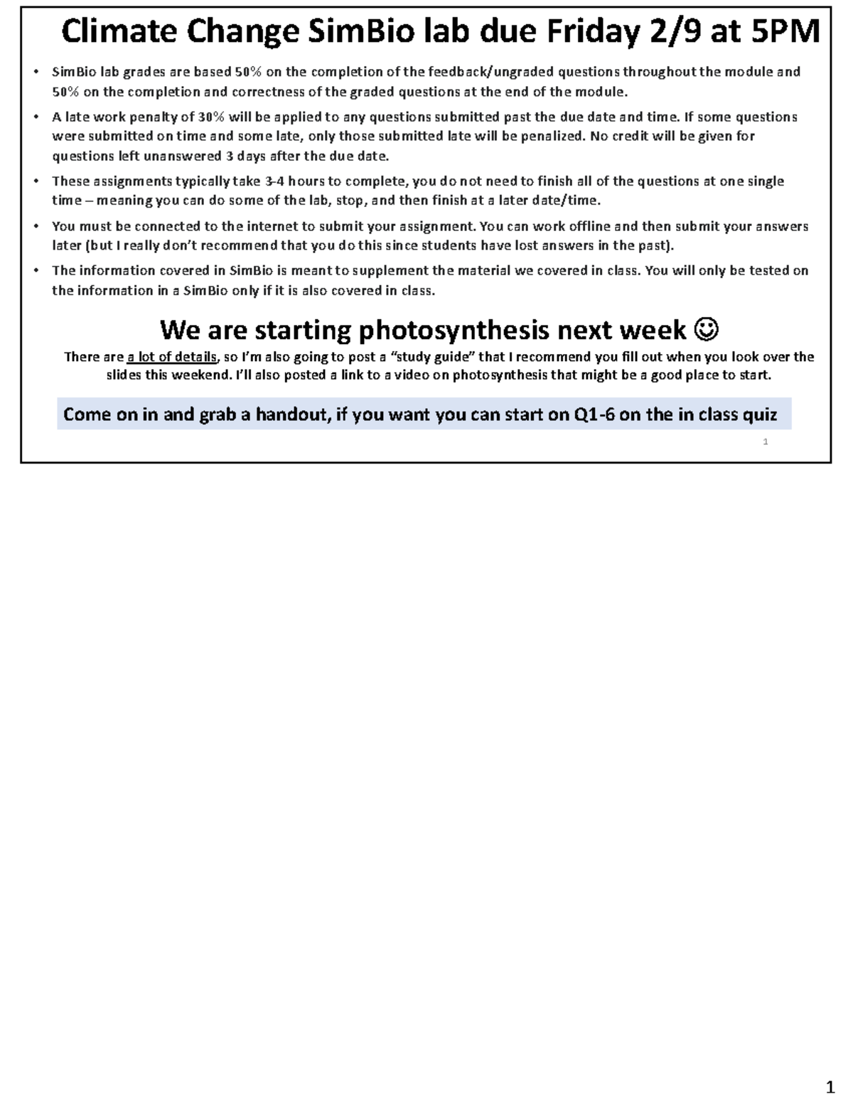W5 2 8 Tuesday climate change 2 after class - SimBio lab grades are ...