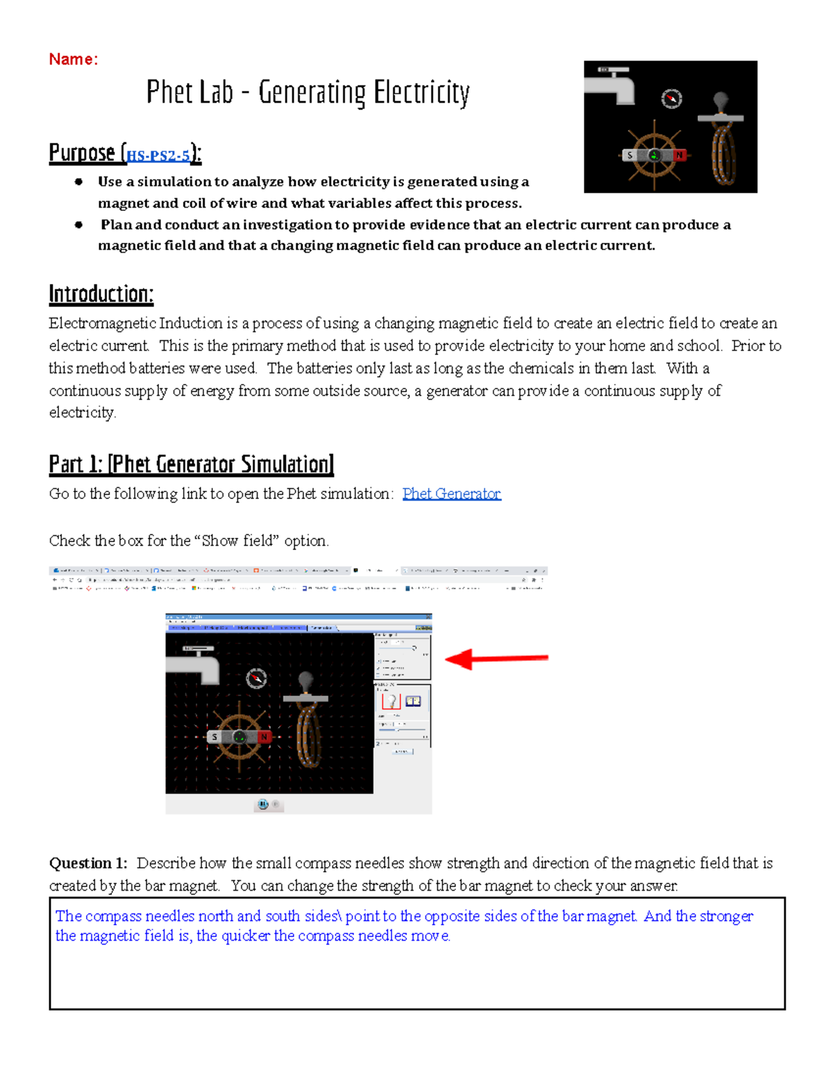 Honors Phet Lab - Generating Electricity - Name: Phet Lab - Generating Electricity Purpose - Studocu