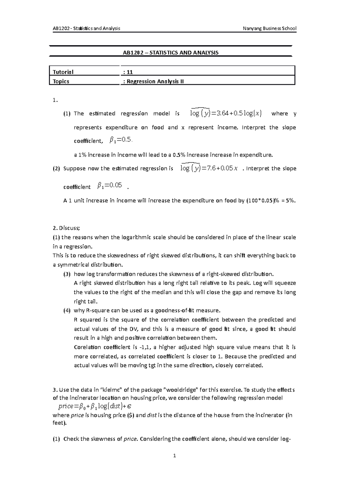 AB1202 Tutorial qns week 11 - AB1202 - Statistics and Analysis Nanyang Business School AB1202 ...