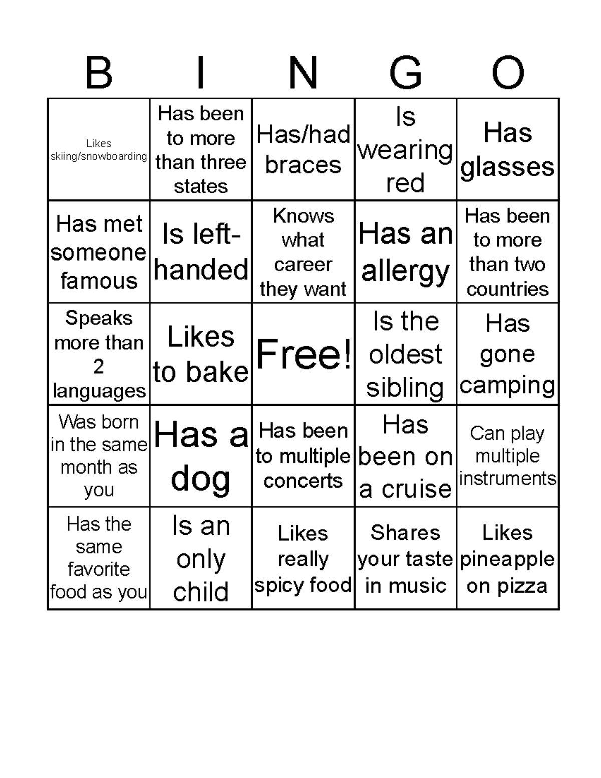 Human Bingo - Getting to know you activity - Likes skiing/snowboarding ...