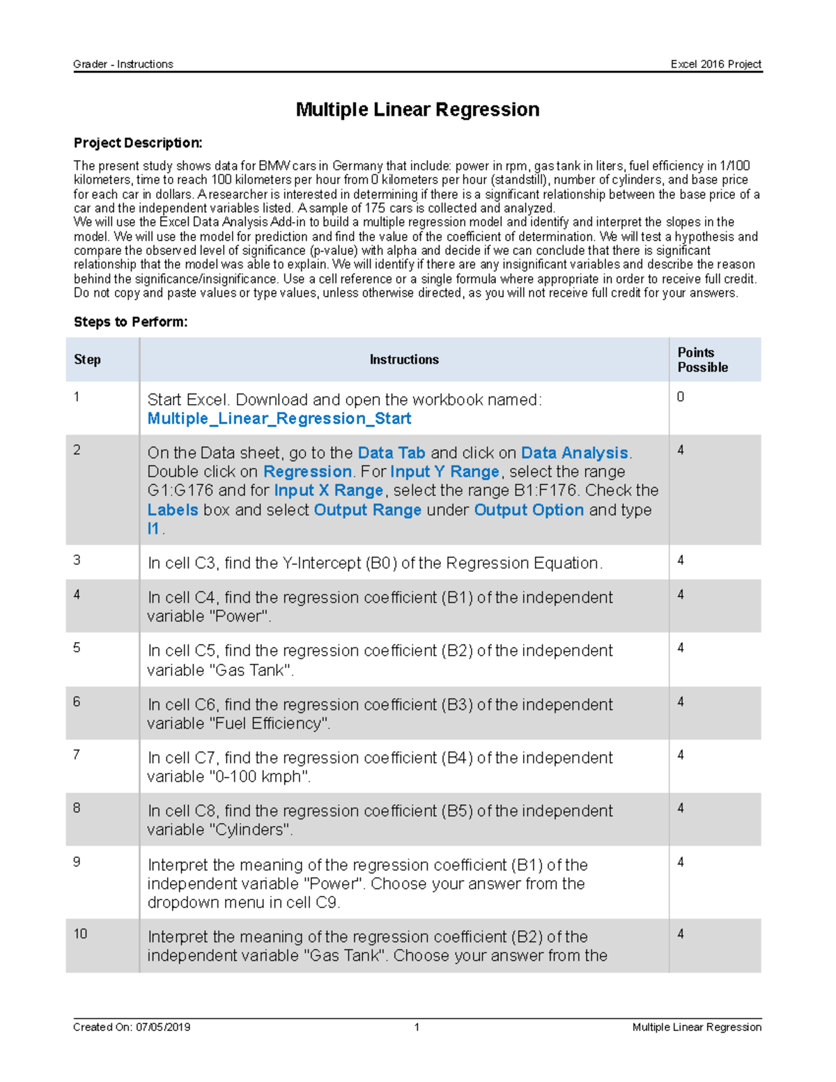Multiple Linear Regression Instructions Grader Instructions Excel 2016 Project Multiple