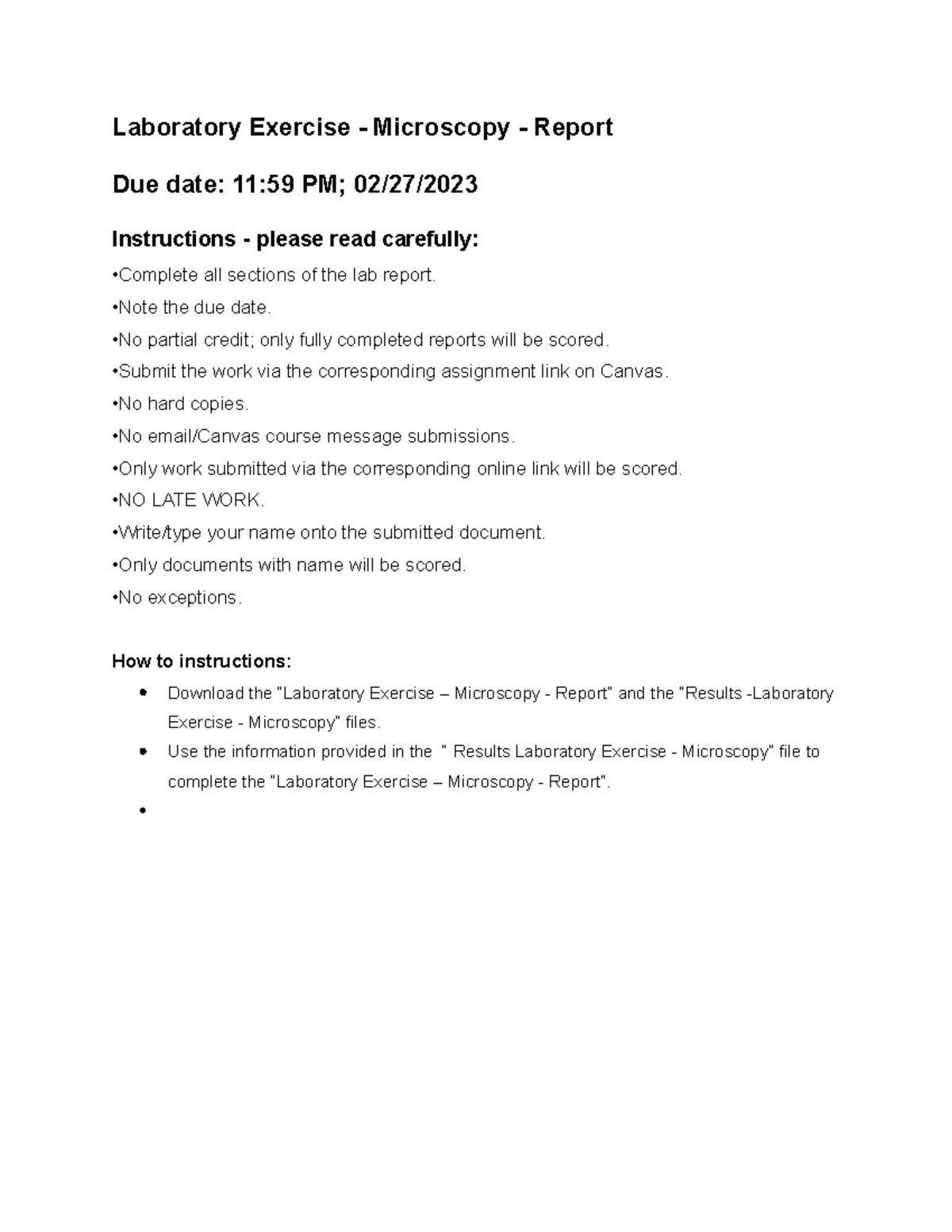 Laboratory Exercise - Microscopy - Report - •Note the due date. •No ...