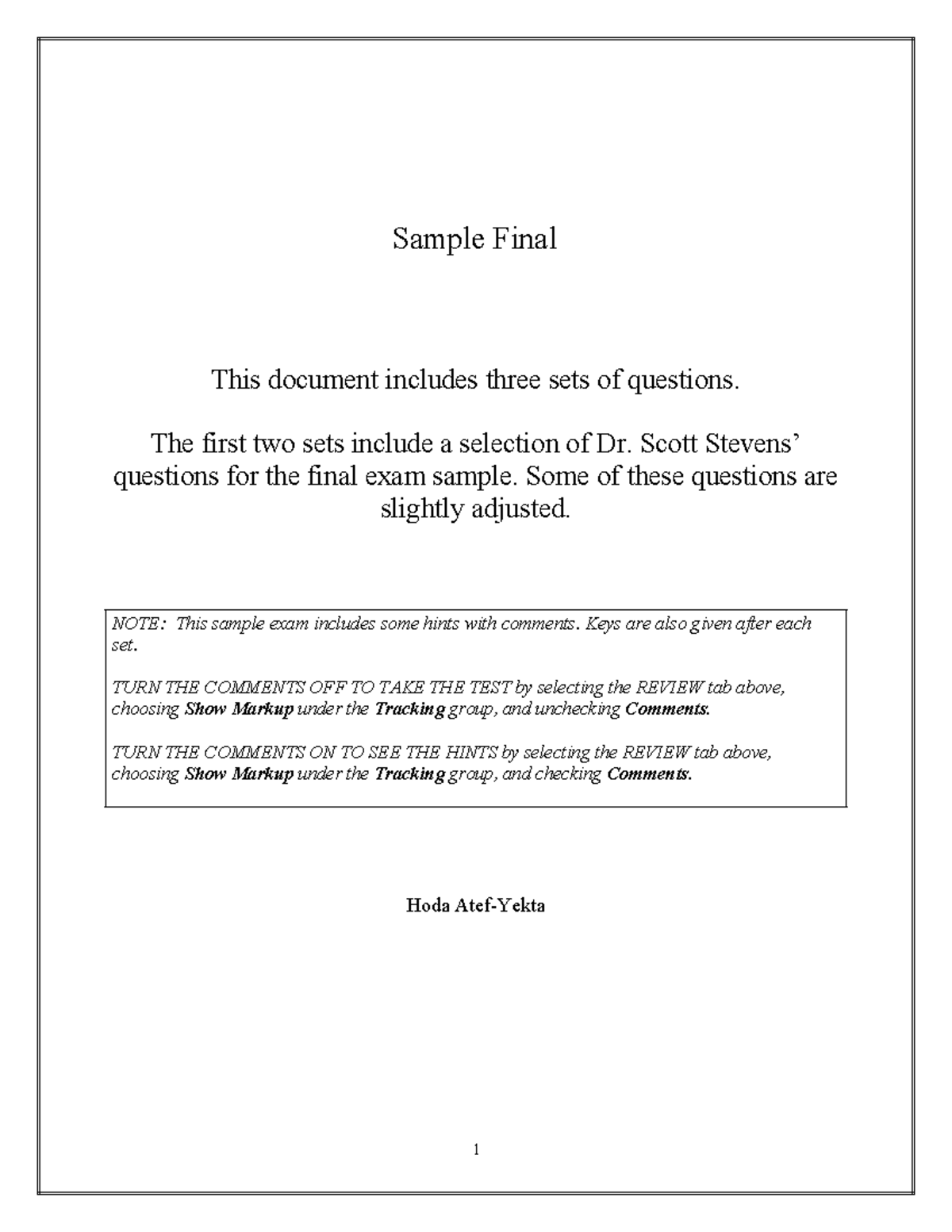Sample Final 291 - Sample Final This document includes three sets of questions. The first two ...