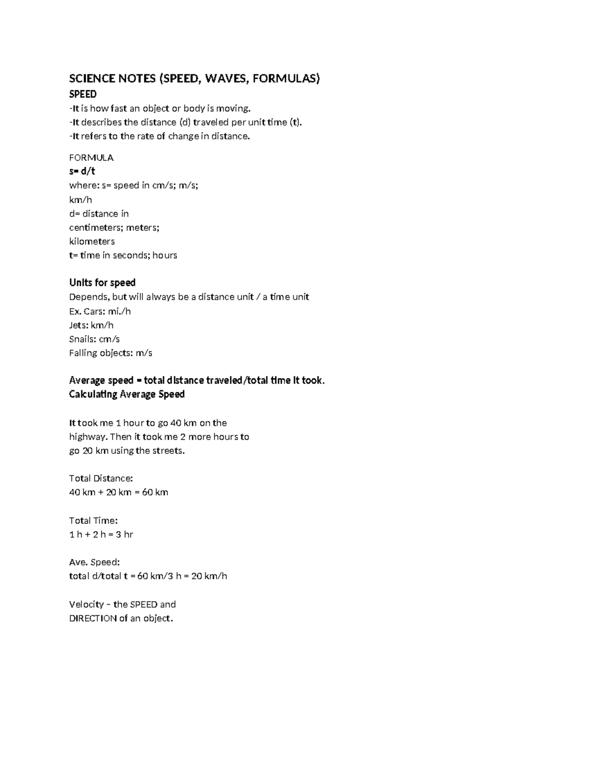 Science Notes ( Speed, Waves, Formulas) - SCIENCE NOTES (SPEED, WAVES ...