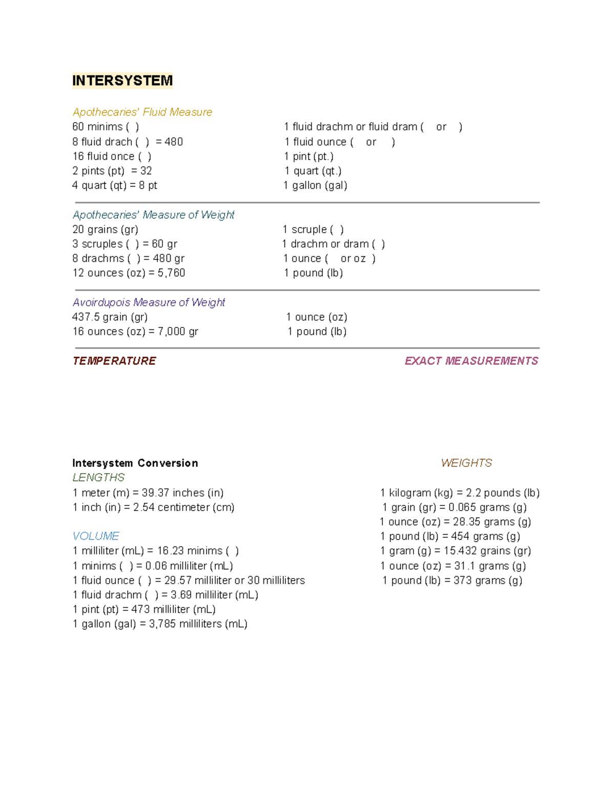 Untitled document - list of conversions of intersystems, apothecaries ...