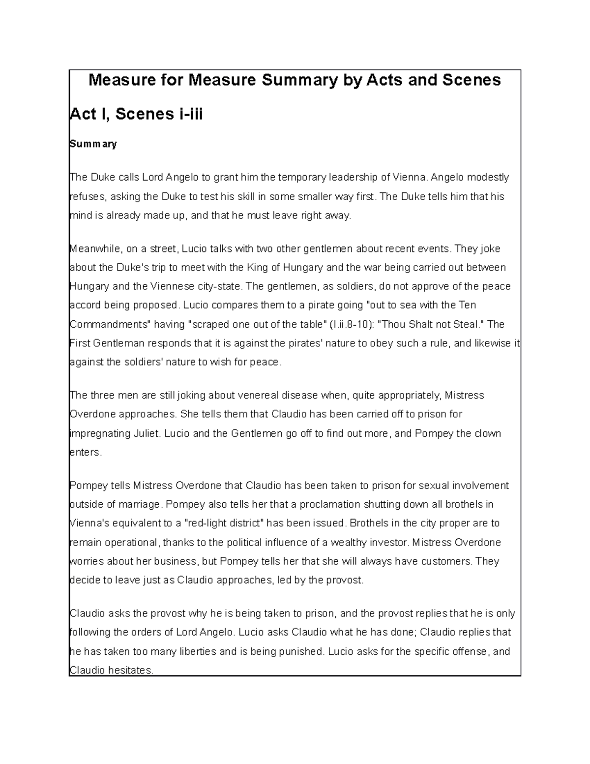 Measure for Measure Summary by Acts and Scenes - Angelo modestly ...