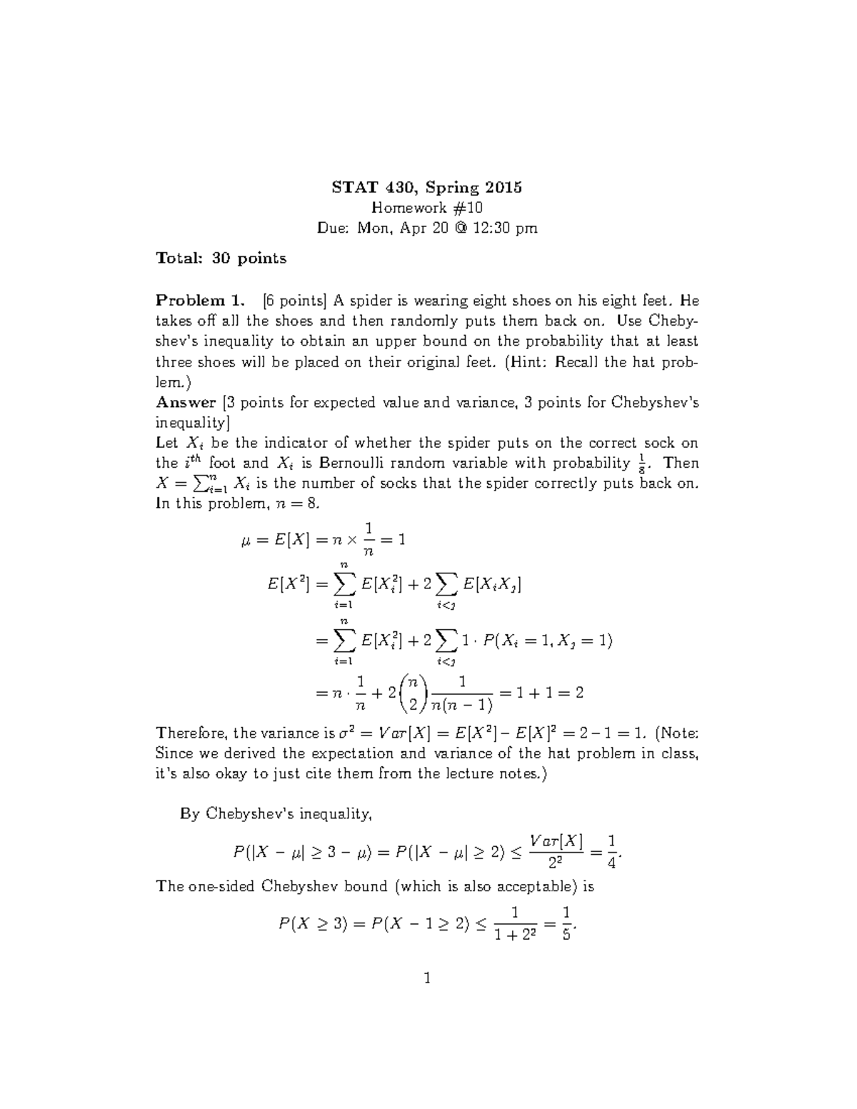 Hw10 sol - Practice questions w/ solutions - STAT 430, Spring 2015 Homework # Due: Mon, Apr 20 ...