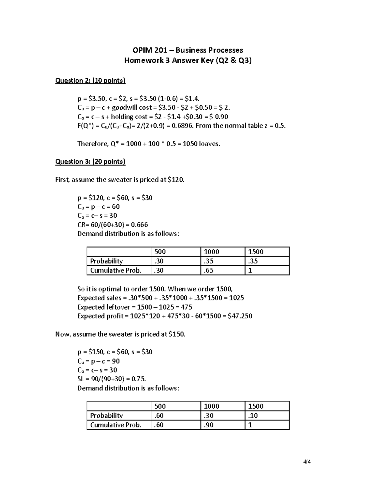 HW3 Q2-Q3 Answer Key - 4/ OPIM 201 – Business Processes Homework 3 ...