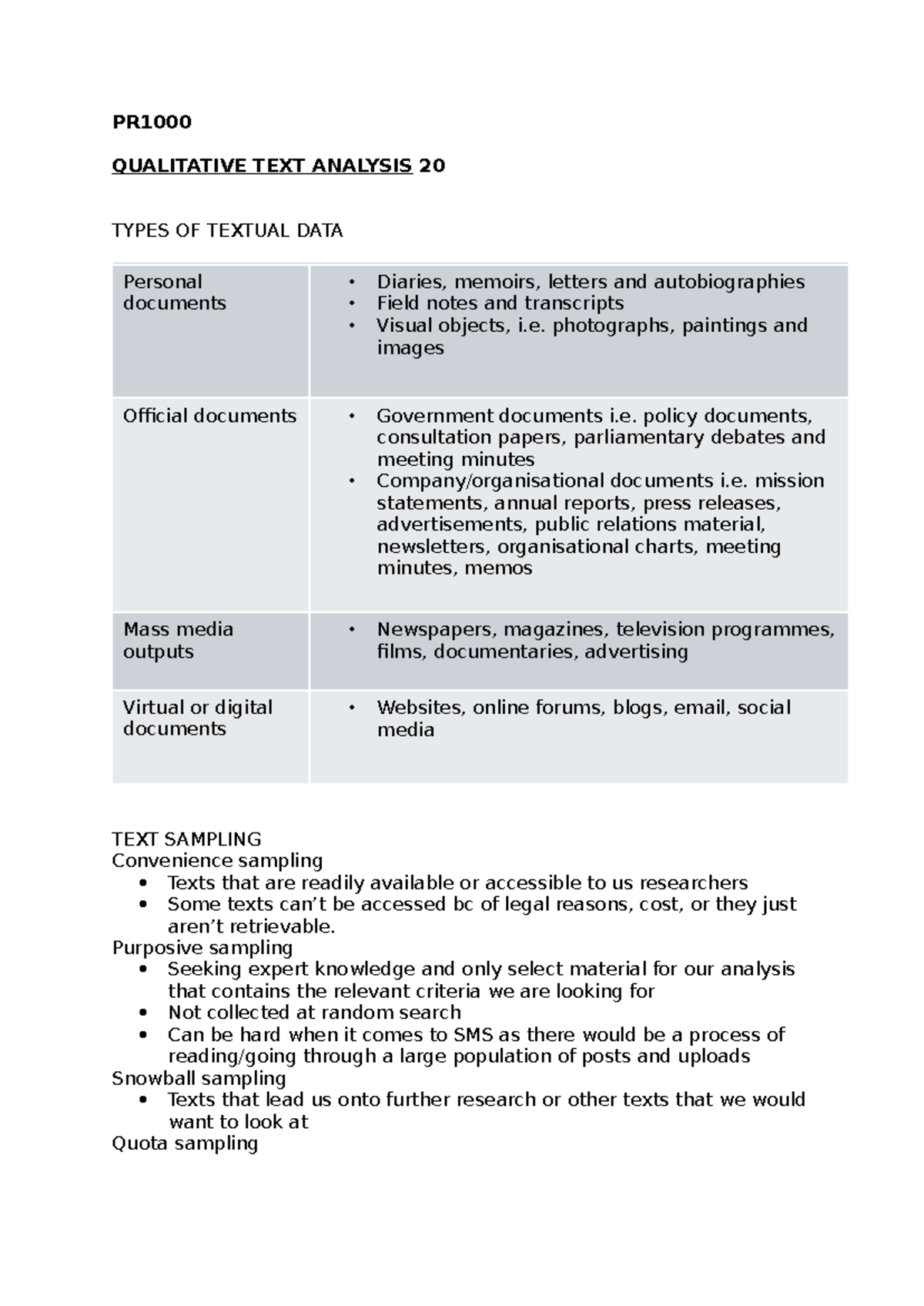 PR1000 - PR QUALITATIVE TEXT ANALYSIS 20 TYPES OF TEXTUAL DATA Personal ...