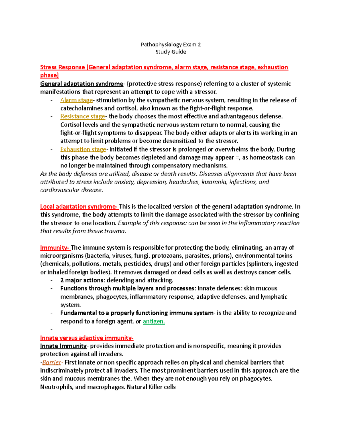 Pathophysiology Exam 2 Study Guide - Pathophysiology Exam 2 Study Guide Stress Response (General ...