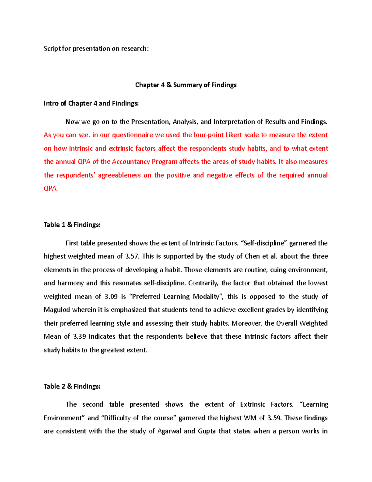 Research Findings - Script for presentation on research: Chapter 4 ...